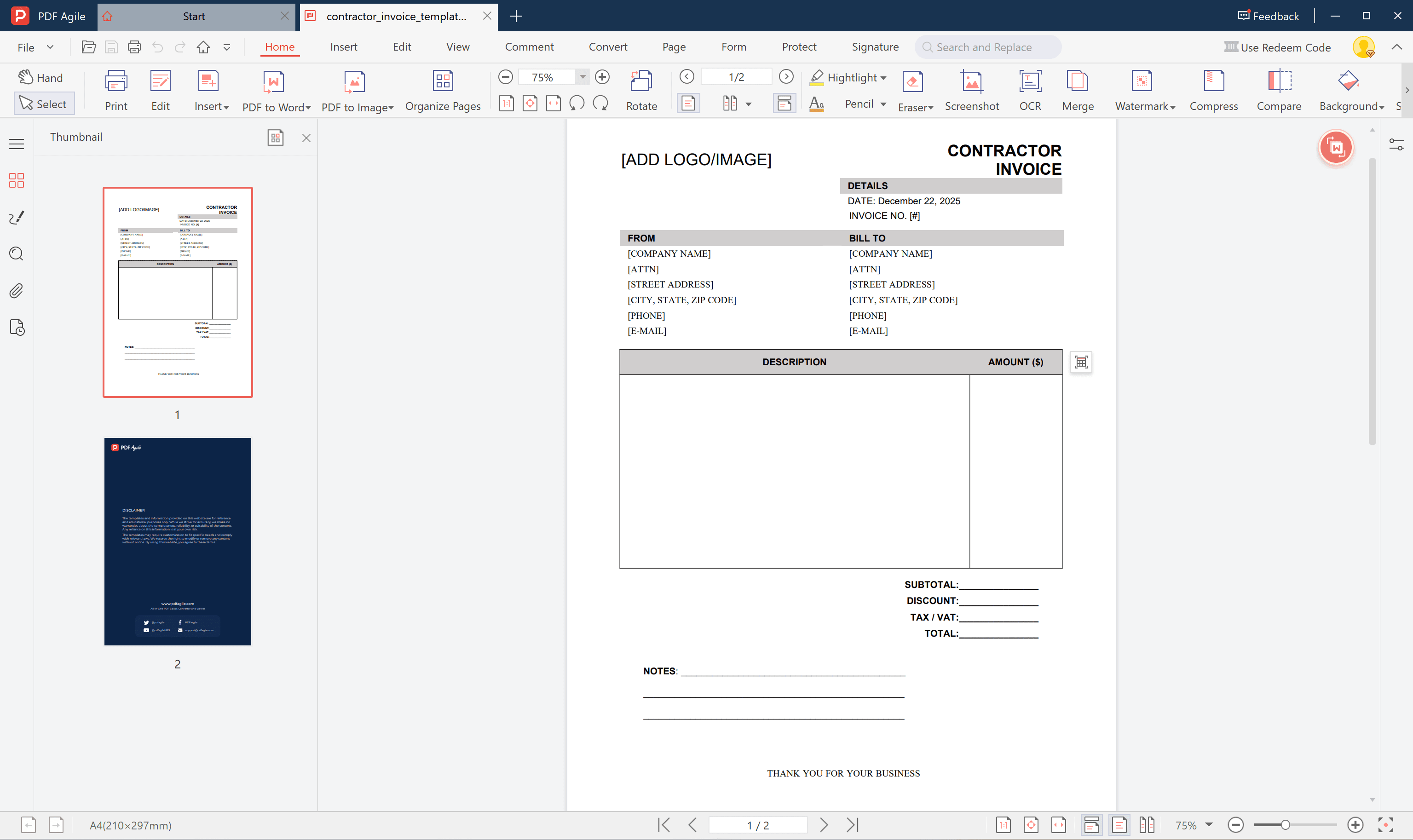 Contractor Invoice Template – Fillable & Printable | PDF Agile