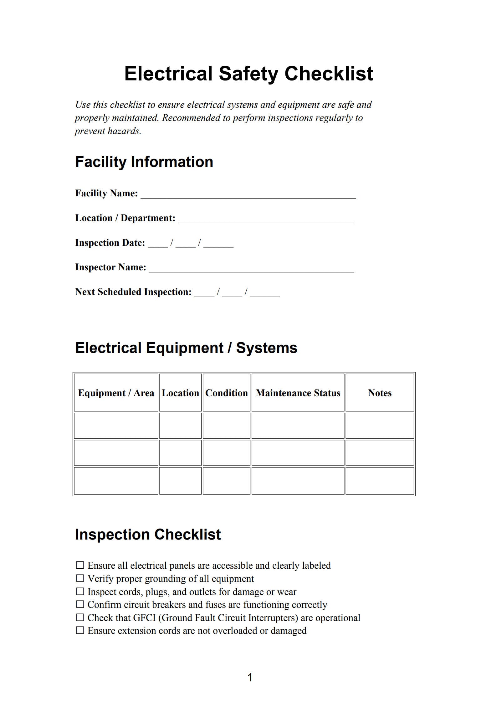 Electrical Safety Checklist - Free PDF Template | PDF Agile
