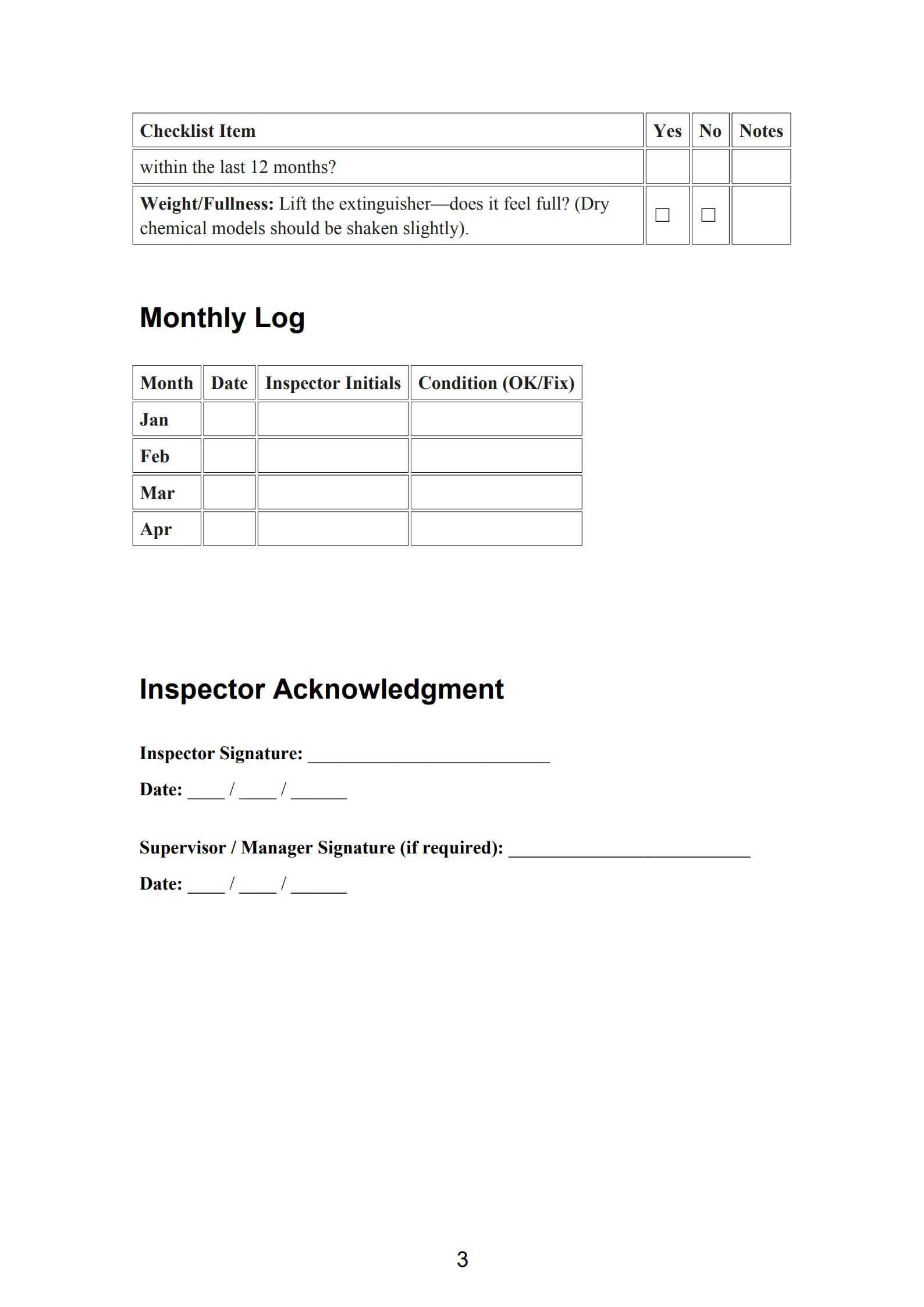 Fire Extinguisher Inspection Checklist - Free Download PDF