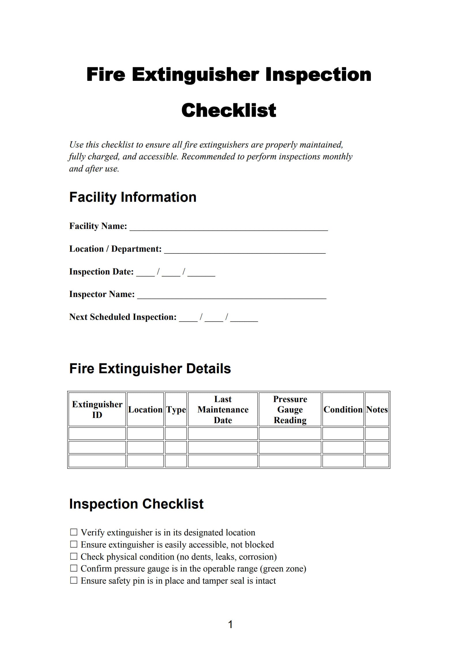 Fire Extinguisher Inspection Checklist - Free Download PDF