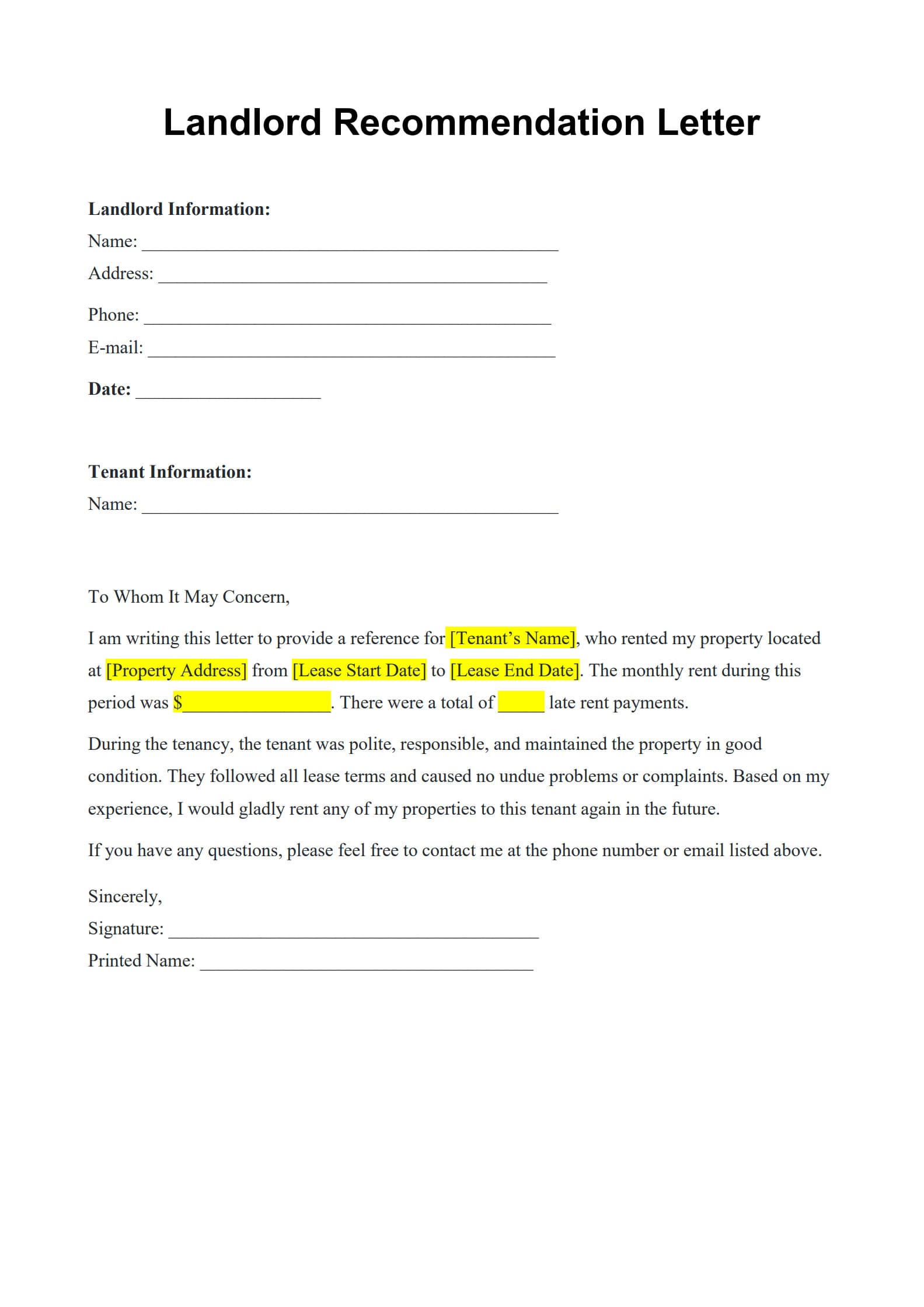 Landlord Reference Letter Template – Fillable & Printable | PDF Agile