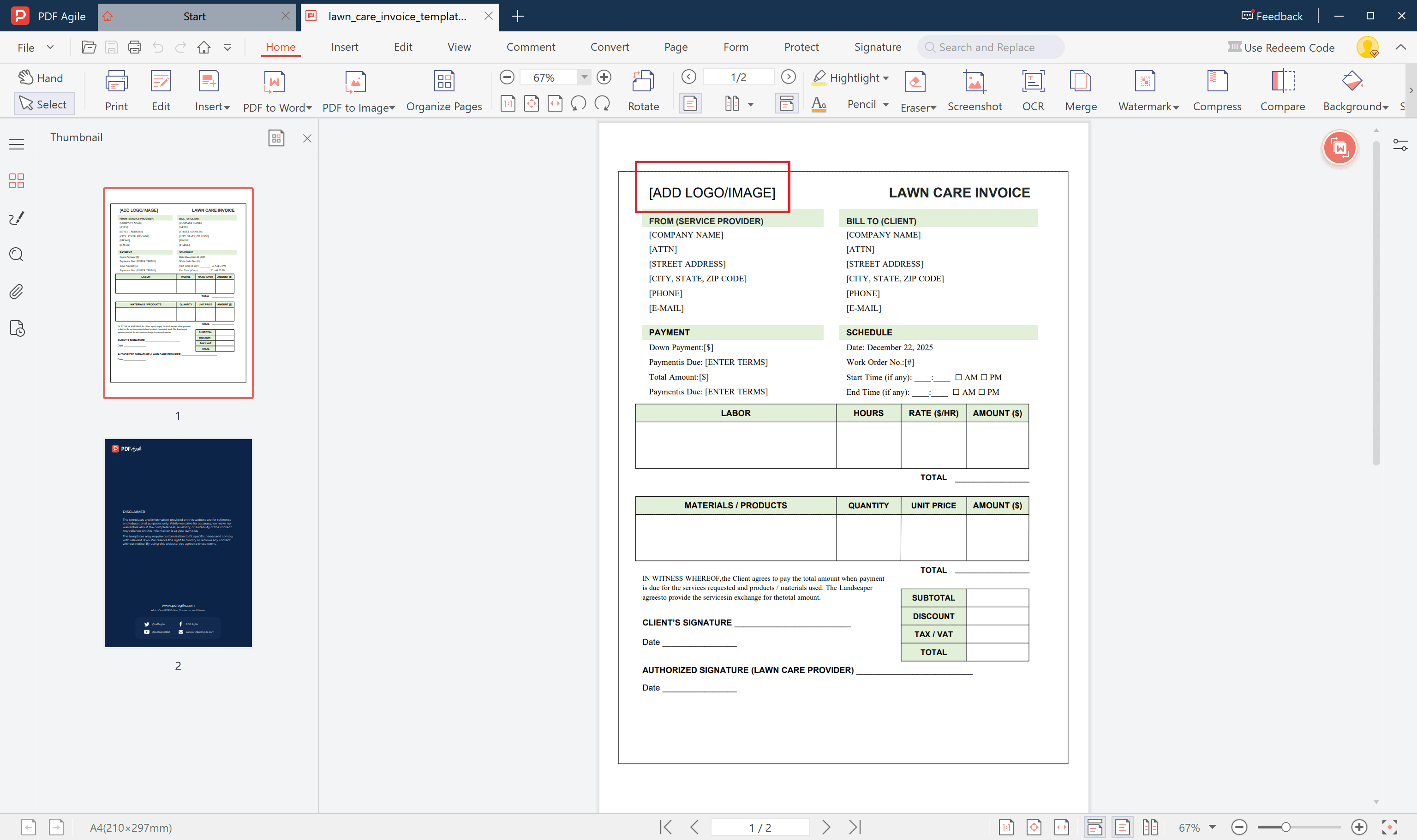 Lawn Care Invoice Template – Editable & Printable PDF Template | PDF Agile