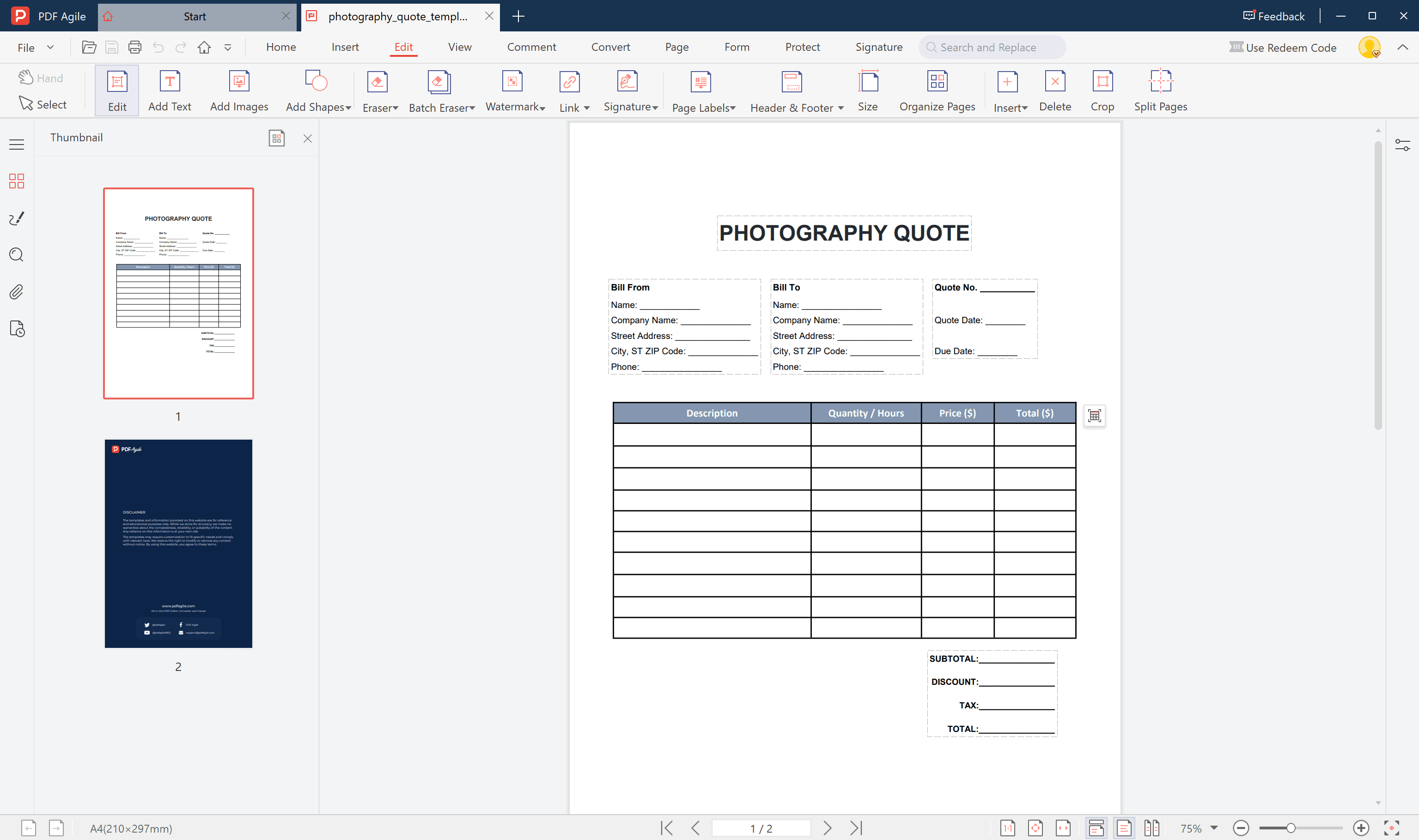 Photography Quote Template – Free & Editable PDF Template