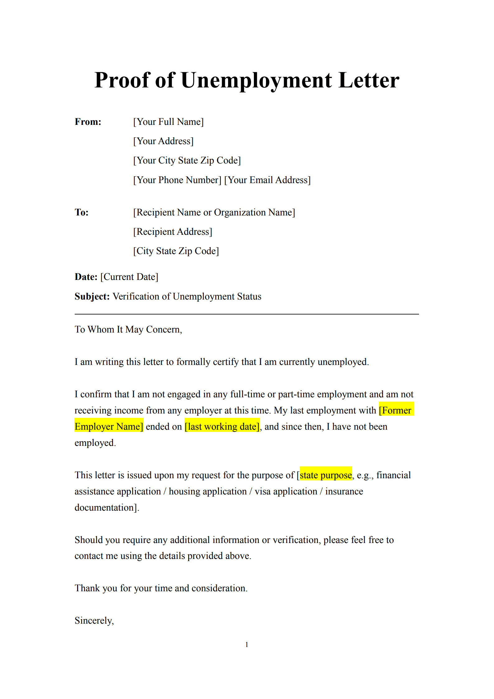 Proof of Unemployment Letter – Free & Ready to Edit